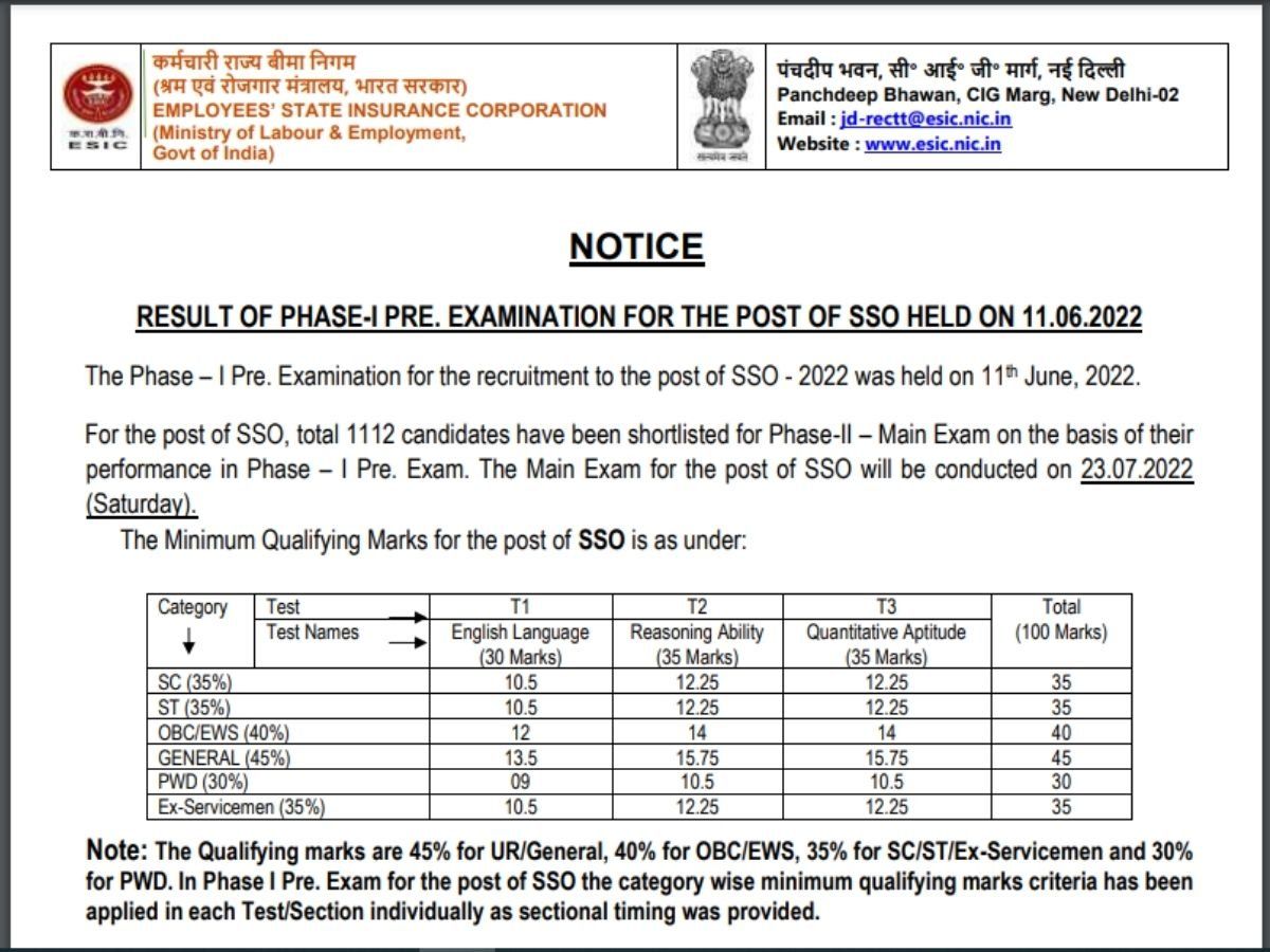 ESIC SSO Prelims Result 2022 declared at esic.nic.in check direct link ...