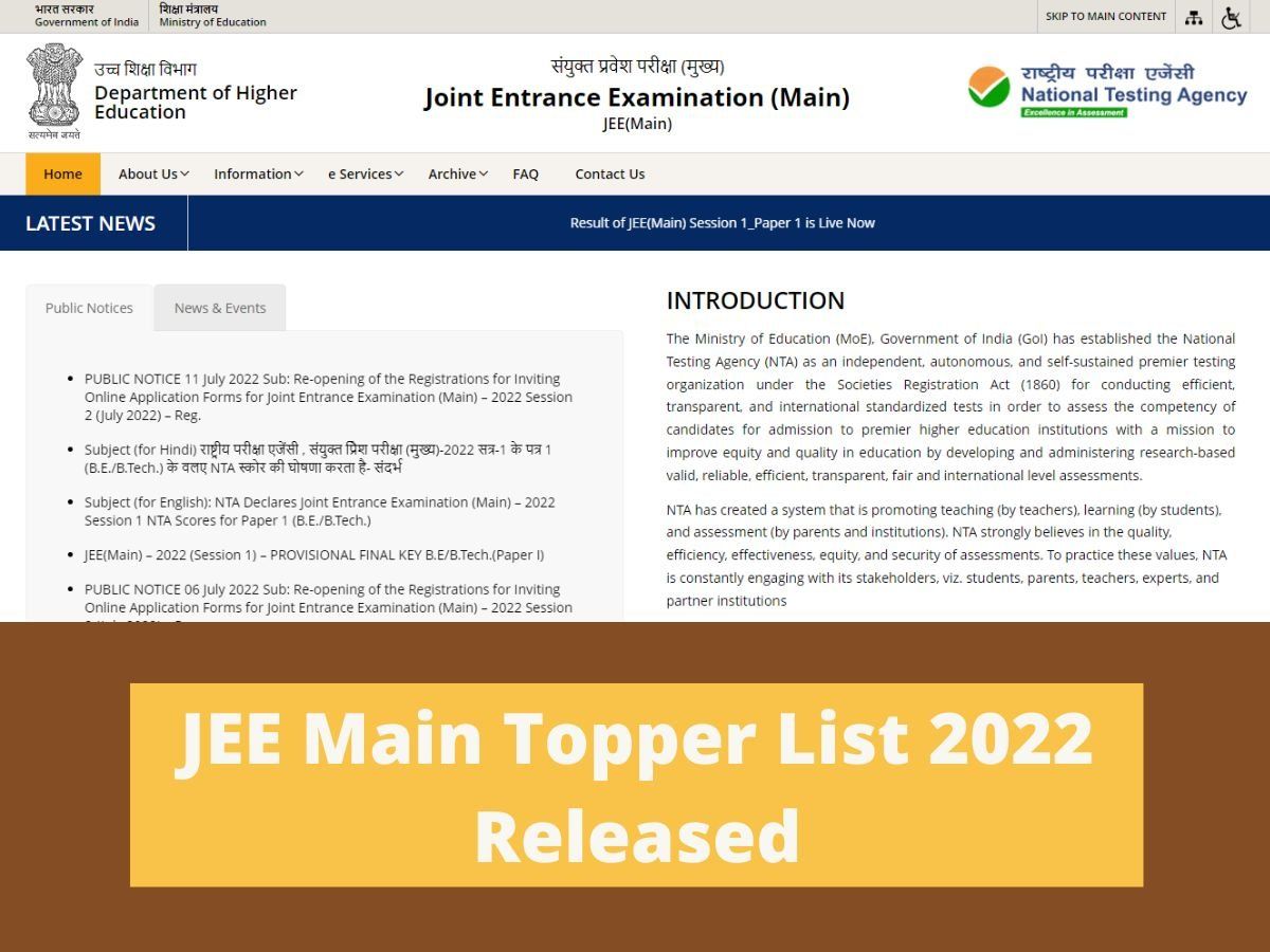 JEE Main 2022 Toppers list released: JEE Main Topper list have been ...