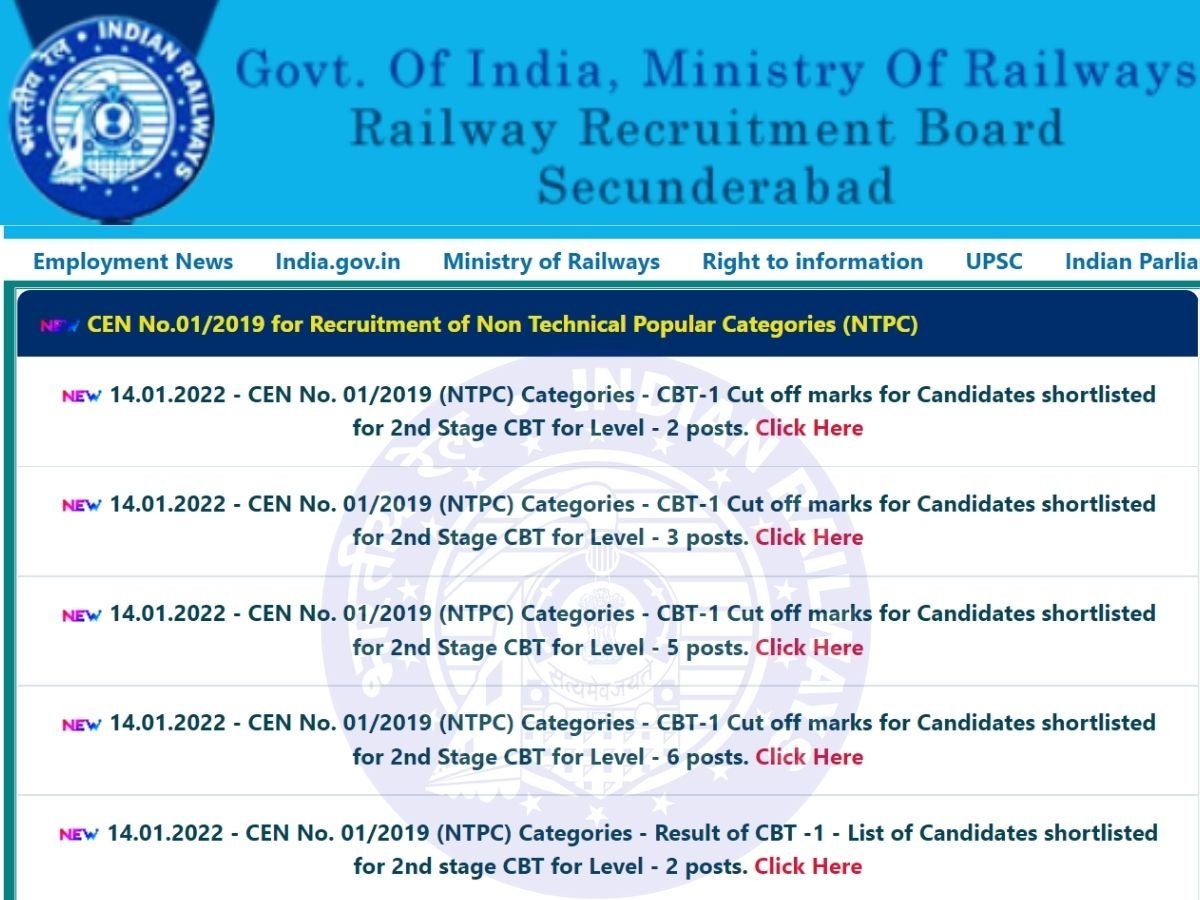 RRB NTPC Secunderabad Result, Cut-Off 2021 Declared on www ...