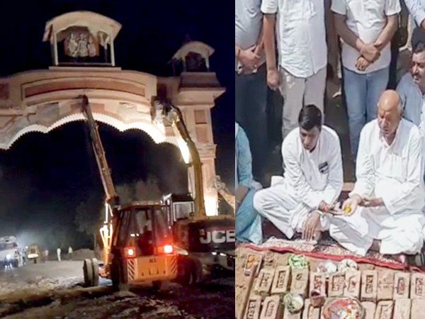 demolition of Ram Darbar Gate by bulldozer in Salasar Rajasthan now ...