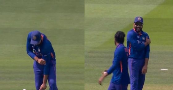 Indian skipper Rohit Sharma resets his dislocated shoulder back on the field in second ODI ...